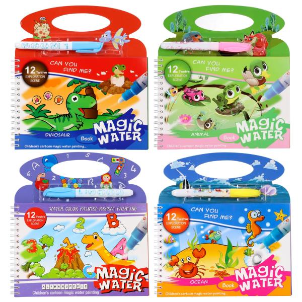 商品名: 水塗り本 マジックウォーターブック 海洋動物 英数字恐竜 4パック 異なるテーマのマジックウォーターペイント塗り絵 幼児向け 子供の日のギフトに最適 imagina Water Coloring Books Magic Water...