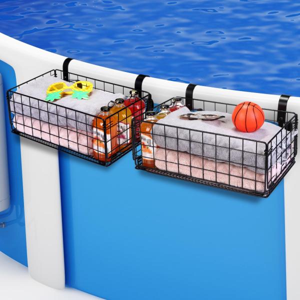 商品名: Blushtier プールサイドストレージバスケット 2個 メタルプールおもちゃバスケット 折りたたみ式 地上プールストレージバスケット プールおもちゃ タオル 飲み物 プールサイドカップホルダー プールフレームにフィット 2 1...