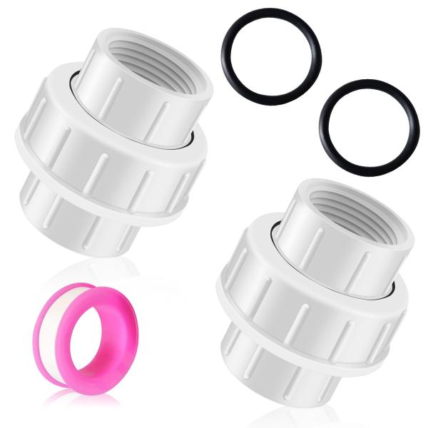 商品名: PVCカップリングパイプ継手2個、1-1/2インチメスねじPVCユニオンカップリングパイプ継手、スイミングプールおよび屋外配管アプリケーション用のPVCパイプユニオン、スケジュール40、EPDM Oリング。 2PCS PVC Co...