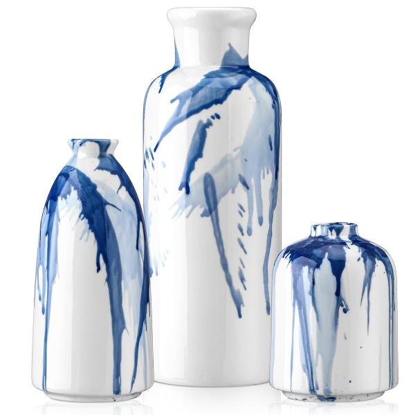 商品名: FoldTier 3個セット 青と白の花瓶 装飾インクスプラッシュ クリエイティブなセラミック花瓶 ファームハウス フラワー装飾 センターピース用花瓶 リビングルーム ホーム フラワー キッチン ダイニングテーブル マントルシェル...