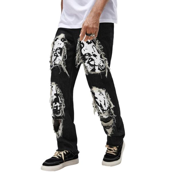 商品名:  SHENHE Men's Jeans Figure Print Ripped Frayed Straight Leg Baggy Jeans Pants Black Lブランド: SHENHE商品サイズ: Large高さ: 35...