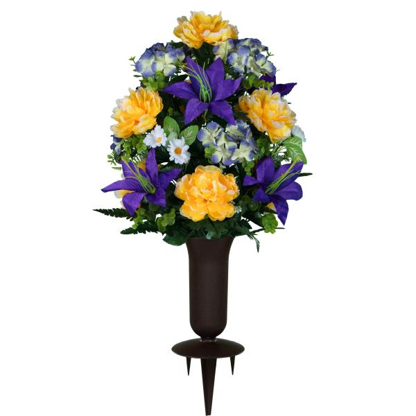 商品名:  Sympathy Silks Flowers for Cemeteries - 23" Purple Lily and Hydrangea with Yellow Peony 15" Cemetery vase Included...