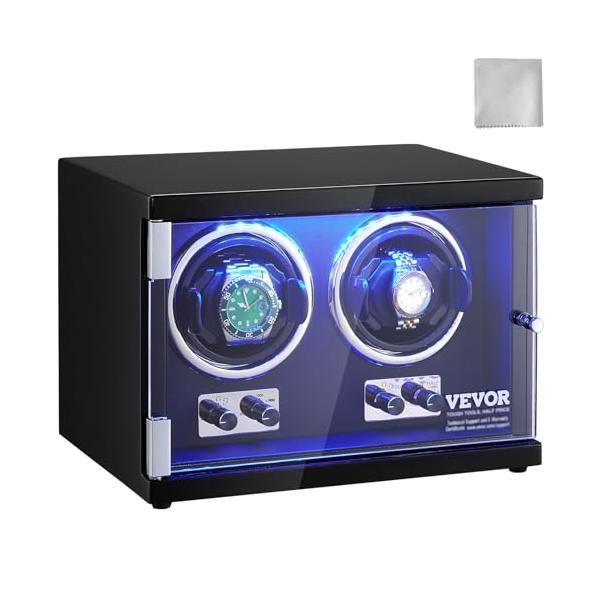 商品名: VEVOR 腕時計ワインダー デュアルウォッチワインダー メンズ レディース 自動巻き腕時計 超静音日本製マブチモーター2個付き ブルーLEDライトとアダプター 高密度ボードシェル ブラックPU VEVOR Watch Winde...