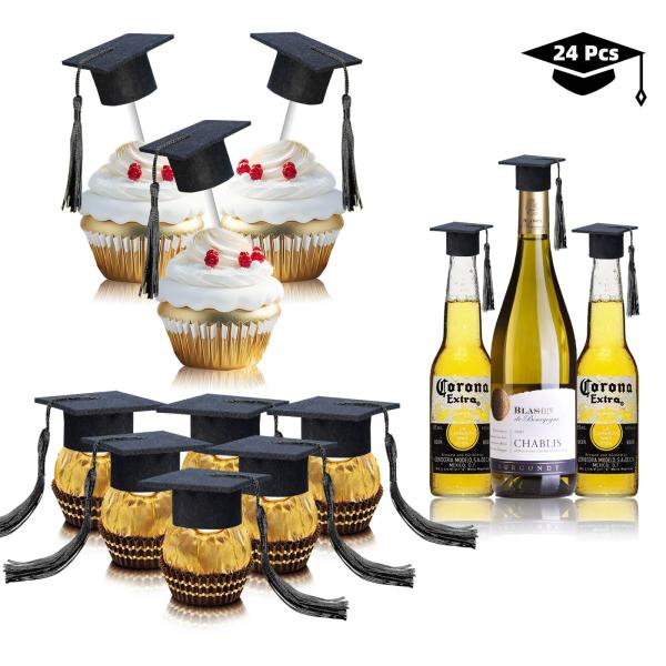 商品名:  24 Pcs Mini Graduation Caps Decorations, Class of 2024 Small Black Grad Hats with Tassels Cupcake Toppers Wine Bot...