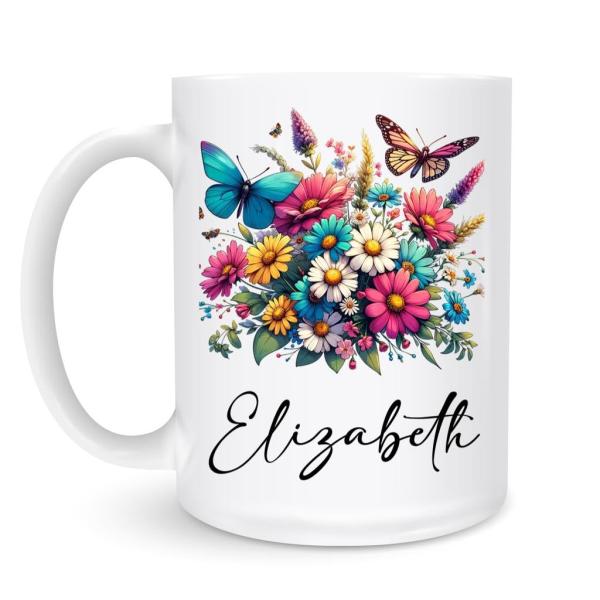 商品名:  WANDORIA Custom-Name Meadow Splendor Ceramic Mug - Diverse Wildflowers and Butterflies Tea Cup, White Pottery Cup ...