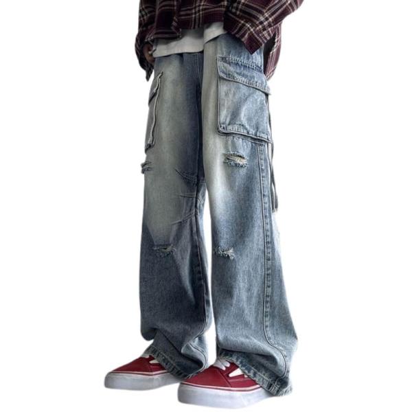 商品名:  Hugboom Men's Cargo Baggy Jeans Y2k Ripped Straight Leg Denim Pants Fashion Hip Hop Grunge Clothing Blue-Mブランド: Hu...