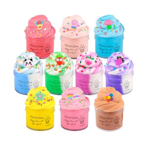 商品名:  10 Pack Cloud Slime Kit with Blue Cake Fruits Animals, and Pink Peachybbies Charms, Scented DIY Slime Supplies for...