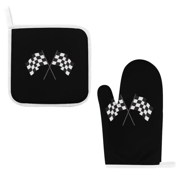商品名: レーシングフラッグファニーオーブンミット&amp;ポットホルダー耐熱オーブングローブセット 料理シェフ レストラン用 Racing Flag Funny Oven Mitt &amp; Pot Holder Heat Resist...