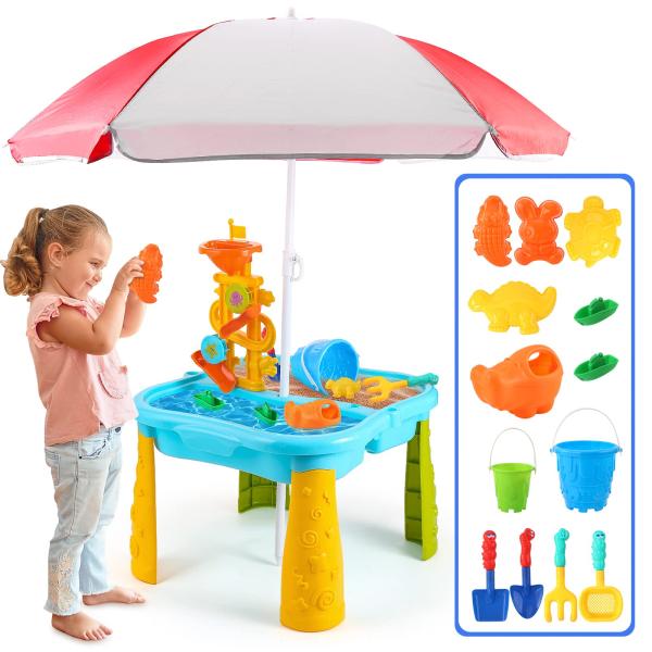 商品名:  LinseyFun Toddlers Sand and Water Table with Umbrella Outdoor, Beach Water Playset with 25Pcs Toys, Sensory Sand A...