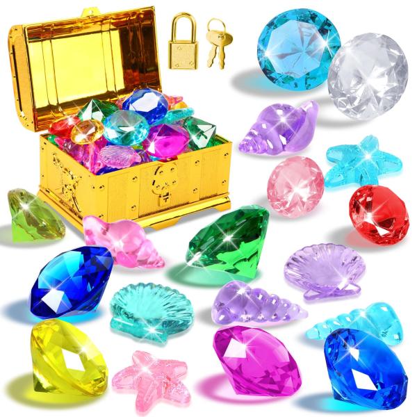 商品名:  MARFOREVER 38 Pcs Diving Gem Pool Toys, 36 Colorful Big Diving Gems with Pirate Treasure Chest and Lock Acrylic Di...