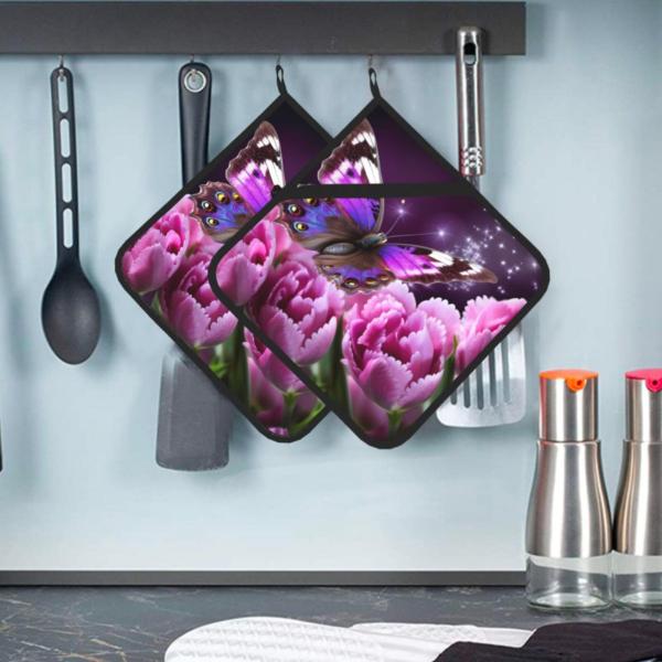 商品名:  2 Pack Pot Holders for Kitchen Heat Resistant Pot Holders Sets Purple Flower Butterfly Oven Hot Pads Washable Poth...