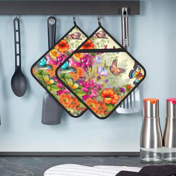 商品名:  2 Pack Pot Holders for Kitchen Heat Resistant Pot Holders Sets Birds Flowers Butterfly Oven Hot Pads Washable Poth...