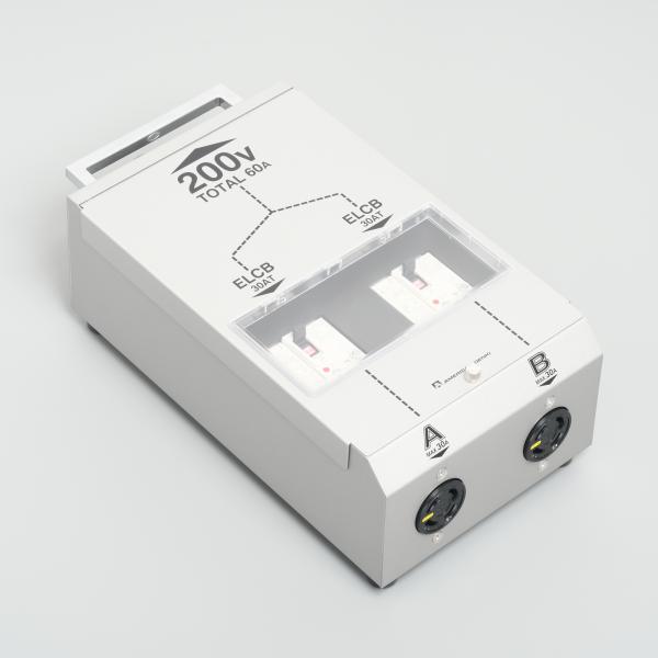 メーカー：アメリカン電機接地形3P 60A 250V (30A出力)移動用分岐ボックス(漏電ブレーカ付)型番 HB4323-L15 引掛形NEMA規格番号 出力: NEMA L15-30色 銀色適用電線 VCT/2PNCT 14mm2電線接...