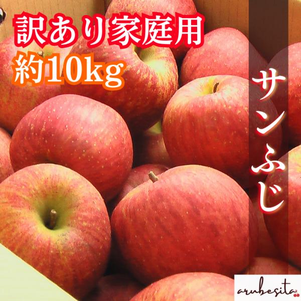 りっぱな贈答品は高い！でもサンふじは毎日たくさん食べたい！そんなかたにお勧めがこちら！！【訳あり】家庭用サンふじ　たっぷり約10kg日中の寒暖差が大きく、土壌が重粘土質のため、良いリンゴができますみずみずしさと、酸味、甘みのバランスが最高濃...