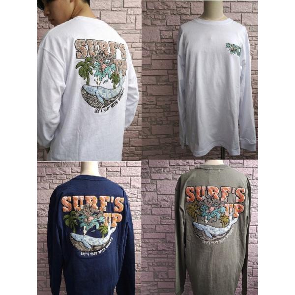 こちらはメンズサイズになります。人気ブランド サーフズアップ ハワイアンTシャツ SURF’S UP メンズTシャツ 長袖背中には もこもこした ロゴ 犬 と クジラ ヤシの木 ハワイアン柄 の刺繍 正面の胸にも 波 や  の 刺しゅう ハ...