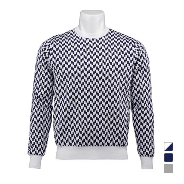 ◇2トーンのジャカードで編まれたクルーネックセーター。 ■カラー： ネイビー ホワイト×ネイビー ライトグレー ■素材：ポリエステル49％ コットン48％ ナイロン2％ ポリウレタン1％ ■ネックタイプ：クルー ■タイプ：被り ■生産国：中...