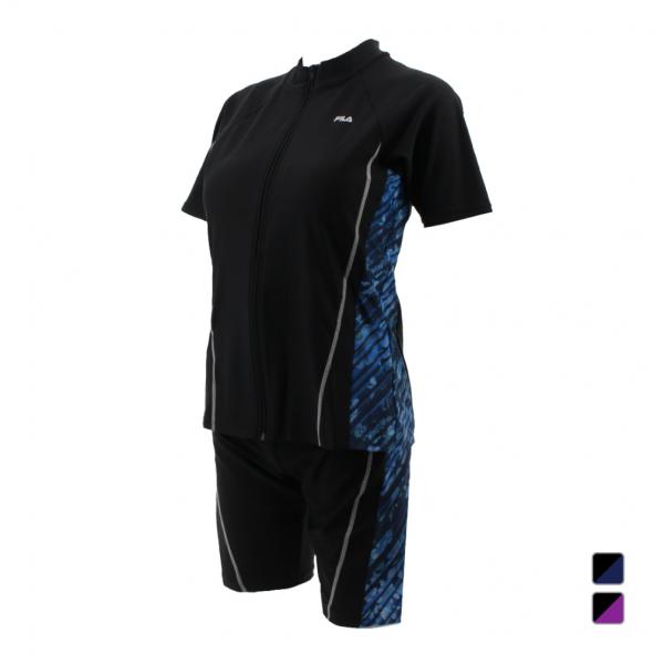 ◇フルジップ付で着脱が楽なハイネックの袖付きプリントセパレーツ水着◇2WAY方向によく伸びる生地を使用。フルジップ付で着脱が楽なハイネックの袖付きプリントセパレーツ水着。脇が花柄バイアスプリントの切替デザイン。FILAロゴプリント入り。カッ...