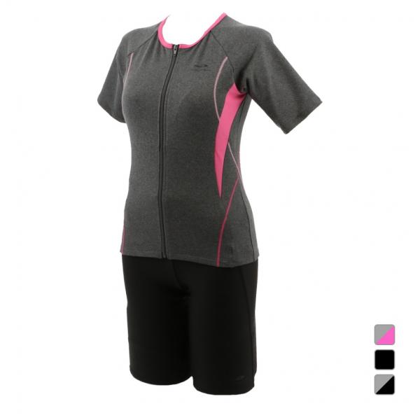 ◇ウォーキングやエクササイズに最適な半袖セット水着。◇シルエットすっきり こだわり仕様◇二の腕がしっかり隠れる袖丈◇取り替え可能な差し込みカップ。◇お腹が隠れるロング丈。◇吸水速乾、ストレッチ、UVカット、UPF50+■カラー:グレー×ロー...