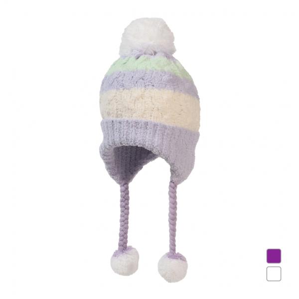 ◇ジュニアニット帽◇柔らかい糸でふんわり編んだニット帽。◇フリース裏地付きで暖かい。◇耳当て付きで防寒性アップ。■カラー：ラベンダーオフホワイト■素材：本体/ポリエステル100％■サイズ：JS：頭周り/40cmJL：頭周り/44cm■生産国...