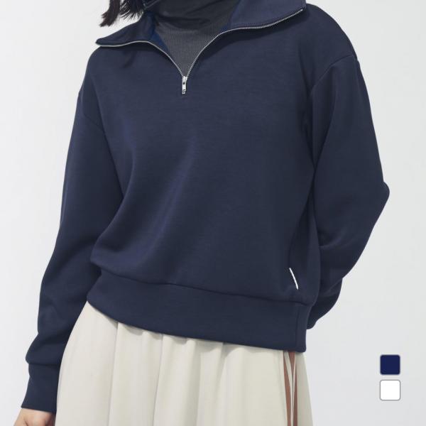 ◇柔らかく手触りのよいスウェットハーフジッププルオーバー ストレッチ性も高く動きやすい素材を使用しているの着心地は◎カラーインナーなどとレイヤードしても可愛く着こなせます。 ■カラー： ダークブルー オフホワイト ■素材：レーヨン55％ポリ...