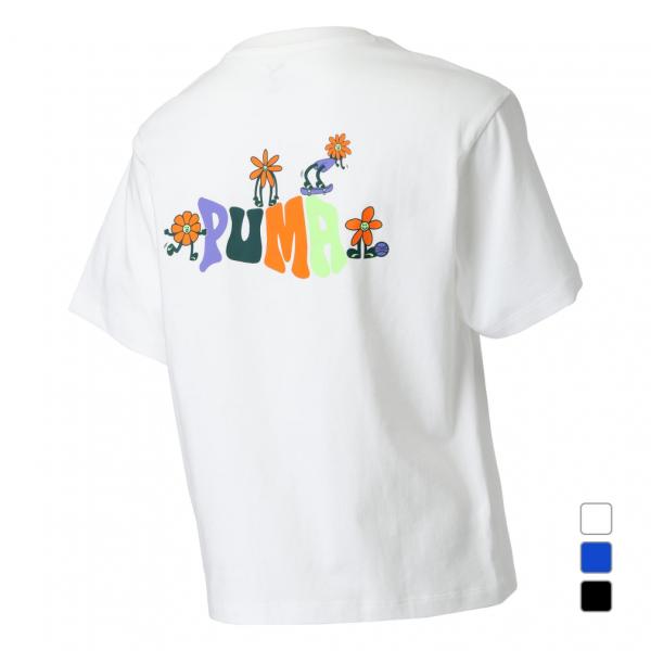 ◇機能素材を使用 夏らしい明るいグラフィック ◇商品情報 COTTONの自然な風合いと誰でも着やすいレギュラーシルエットのTシャツ。 フロントには、刺繍で入れた花マーク、背面にもPUMAをにぎやかに飾る刺繍とプリントが掛け合わあされています...