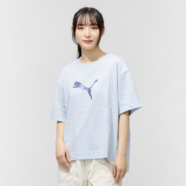 ◇PUMA MIX CLOTH オーバーサイズフィット ビッグキャット 半袖Tシャツ ■カラー(メーカー表記)： ペールブルー(55：Snow Mountain Blue Heather) ピンク(26：Rosy Outlook Heath...