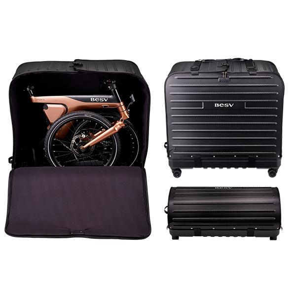 折り畳んだ自転車をそのまま収納し移動可能なキャスター付きハードケース※サイズ：845×380×800※重量：5.3kg＜ご使用上の注意＞収納時は、ステム先端の金属部にご注意ください。突起がケース内側に当たることで、破損などの恐れがあります。