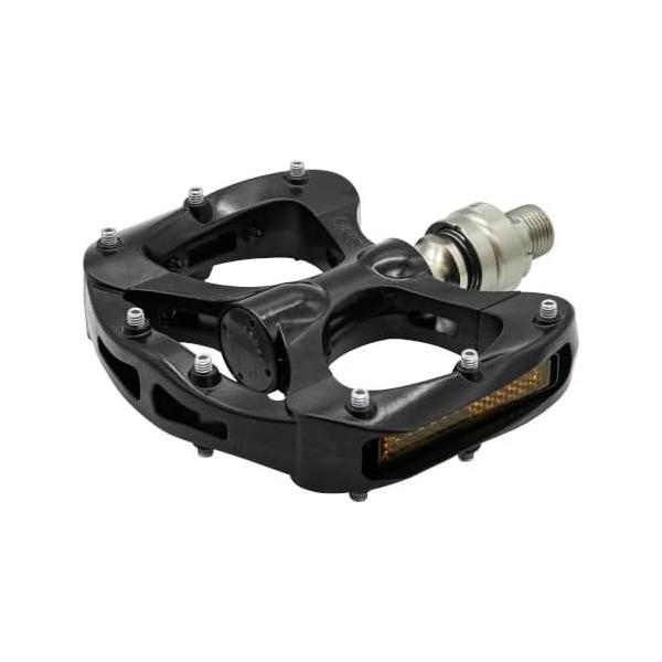 ●人気モデルGAMMAよりもさらに幅広な踏面（W94mm × L114mm）を確保するため、C型のアルミダイカストパーツを組み込んだスパイクピン付きペダルです。●スチール製のM4スパイクピンが8か所設置されており、またペダル中心に向かってわ...