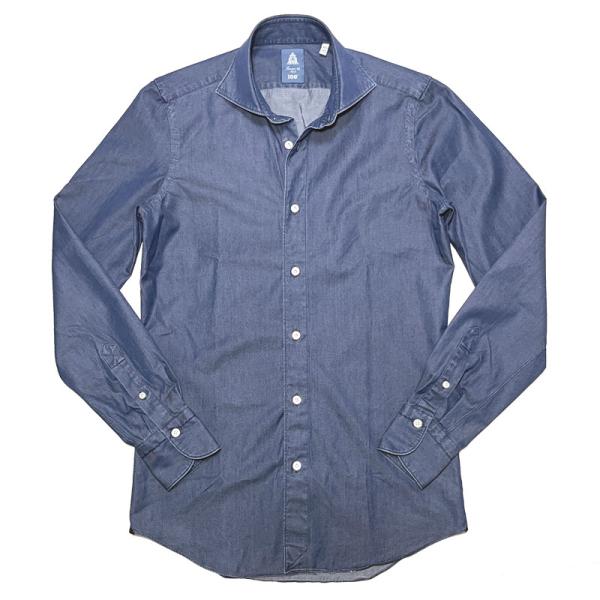 Finamore フィナモレ シャツ メンズ デニム / SIMONE BALI C0160D シモーネ バーリ カッタウェイカラー デニムシャツ インディゴブルー / イタリアアームホール、ボタン、裾のガゼットをそれぞれ手縫いで仕立てたデ...