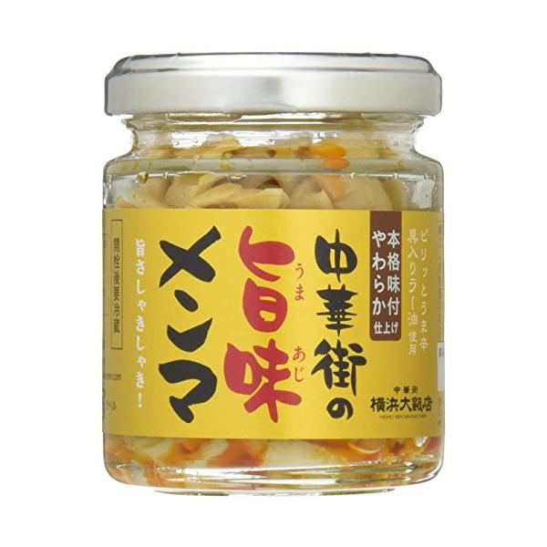 原材料:メンマ、植物油脂、砂糖、食塩、チキンエキス、ラー油/調味料(アミノ酸等)、パプリカ色素、酸味料、酸化防止剤(V.E)、香辛料抽出物、(一部に小麦・大豆・ごま・鶏肉を含む)
