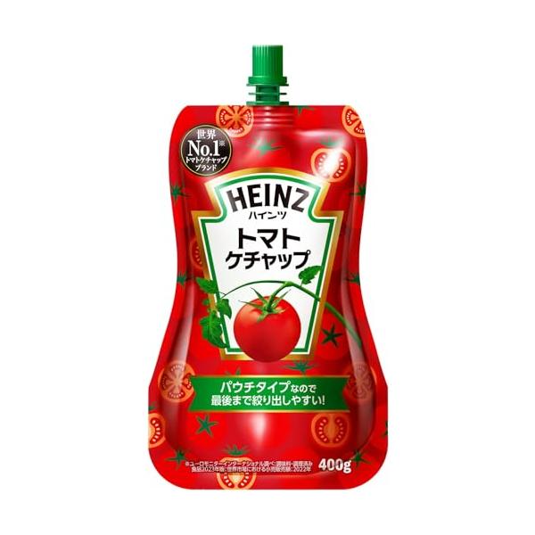 原材料:トマト、砂糖、醸造酢、食塩、にんにく、香辛料／香辛料抽出物パウチ入りケチャップ400g最後まで絞りやすく使いやすい最後は丸めて簡単に捨てられます