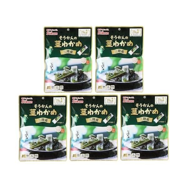 三陸産のうすしお味の茎わかめです。原材料:湯通し塩蔵わかめ(わかめ(三陸産)、食塩)、砂糖、食塩、みりん／酸味料、ソルビトール、調味料(アミノ酸等)、乳酸カルシウム内容量:50g×5袋