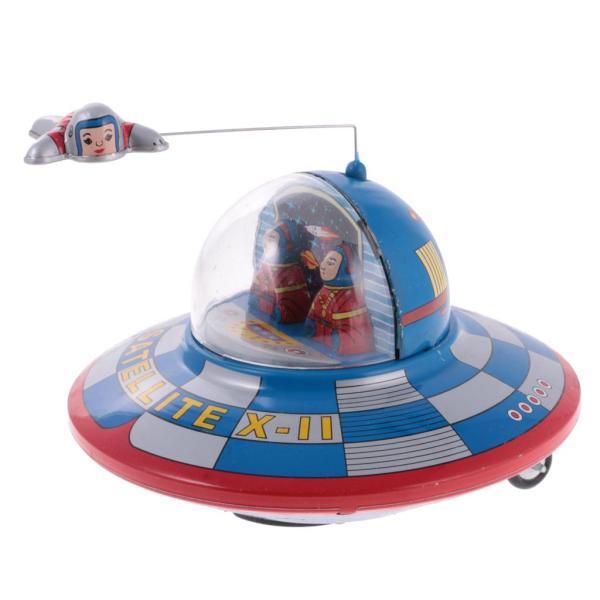 説明: ヴィンテージ宇宙船モデル時計じかけのブリキのおもちゃキーで巻き上げると.宇宙船が回転します.キャビンの外に浮かぶ宇宙飛行士大人のコレクションに最適な装飾オーナメント.サイズ (直径 * H): 約. 14×11cm / 5.51×4...