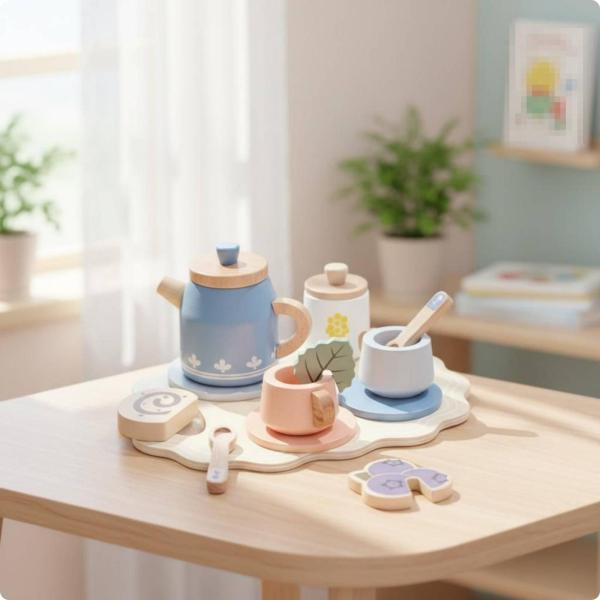 【商品概要】: 色合いでまとめた木製ティーセットのごっこ遊びセットです。昼下がりのティータイム玩具として、お茶会の雰囲気をやさしく再現できます。【遊び方】: ポット、カップ、スプーン、シロップデザインの小物を使って、おままごと茶器セットとし...