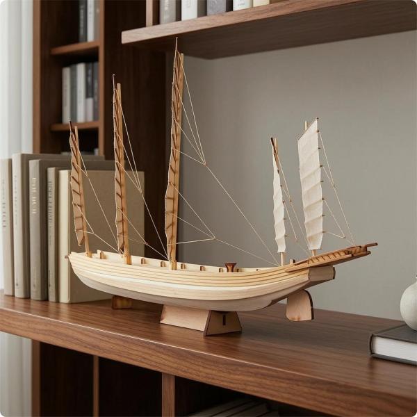 【商品概要】: 伝統的な中国の砂船を再現した、1:80スケールの本格的な木製帆船模型キットです。【セット内容】: 精密カット加工が施された木製パーツ、細い木製ストリップやロッド、布製の帆、そして組み立て手順を詳しく解説した図面付きの説明書が...