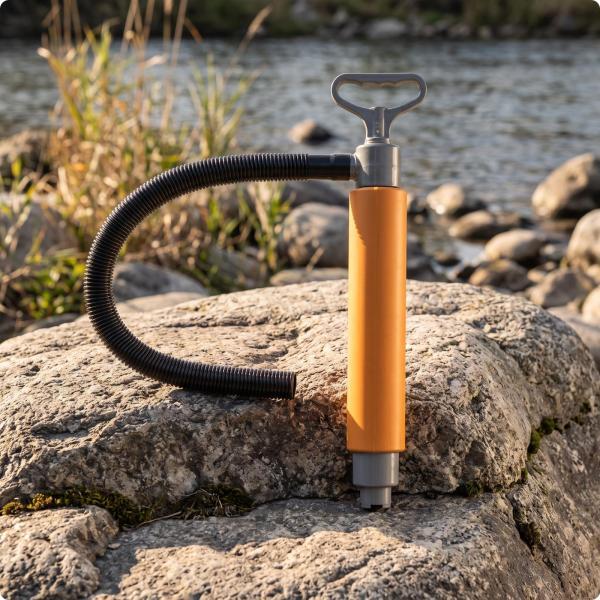 【基本構造】: カヤックやカヌーでの使用に、軽量で持ち運びが簡単な手動ビルジポンプです。【機能】: 船底に溜まった不要な水を素早く吸い上げて排出する、実用的な排水ポンプとして活躍します。【特徴的な設計】: 握りやすいD字型のプルハンドルと、...