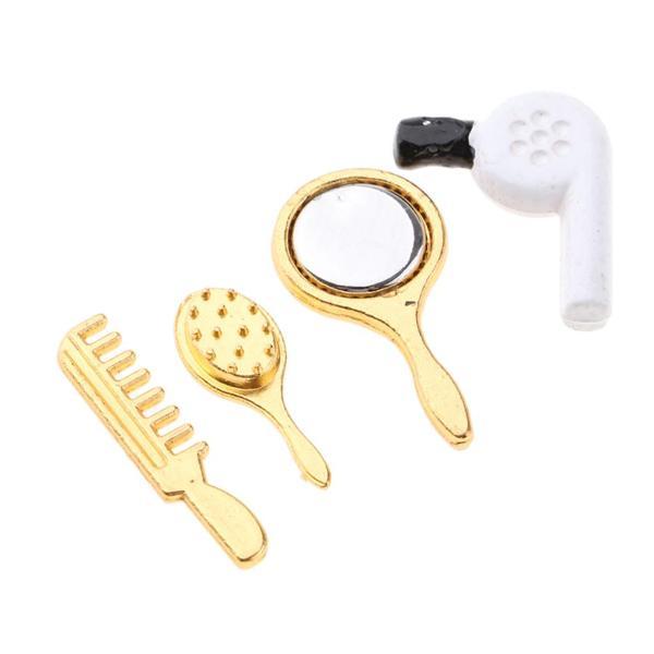 説明: 100%新品.手作りの高品質 - ミニチュアバスルームアクセサリー優れた技量のドールハウスの化粧セット - 本物のようなデザイン - ミニチュアコームミラー/ミニチュアヘアドライヤー/ミニチュア実用的なセット1/12人形の家の浴室の...