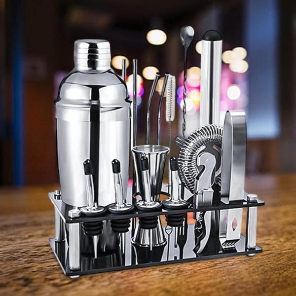 説明: [パッケージ内容]: カクテルシェイカー17点セット.ステンレススチール製シェイカー(750ml)1個.アイスクラッシャー(25cm)1個.ミキシングスプーン(26cm)1個.両端計量カップ(15/30ml)1個.アイストング1個....