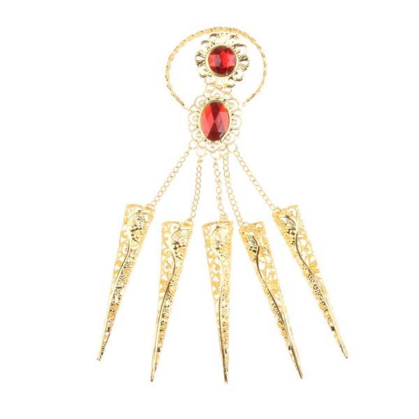 説明:フォークダンス指のジュエリー.人工赤い宝石で.ダンスを実行するための黄金の長い爪.ユニークで本物のダンサーの衣装のアクセサリー.爪の長さは約4インチである.5本の長さは同じであり.製品全体は.12インチ程度です.ベリーダンス用Suit...