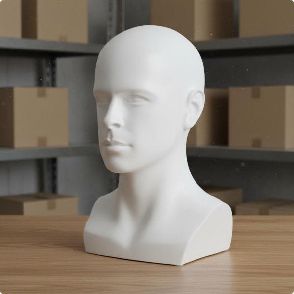 【Design】: 男マネキン頭として作られた展示用頭部モデルで、帽子や眼鏡、ヘッドホンなどをにのせやすい形状です。売り場での見せ方を整えたいときにも使いやすいディスプレイ用品です。【Function】: 帽子用ヘッドモデルとして、キャップ...
