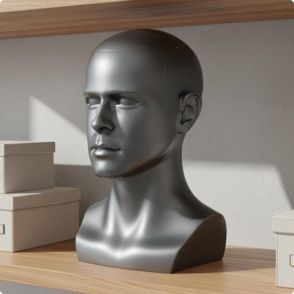 【Design】: 男マネキン頭として作られた展示用頭部モデルで、帽子や眼鏡、ヘッドホンなどをにのせやすい形状です。売り場での見せ方を整えたいときにも使いやすいディスプレイ用品です。【Function】: 帽子用ヘッドモデルとして、キャップ...