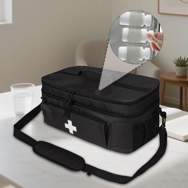 説明: [二層構造]:このポータブル救急バッグは二層構造です.上層には.13個のゴムバンド式薬瓶収納スペース.7個のゴムバンドツールスロット.4個のメッシュポケットがあります.下層には.大きな透明バッグ.5つの可動式仕切り.さらに前面と側面...