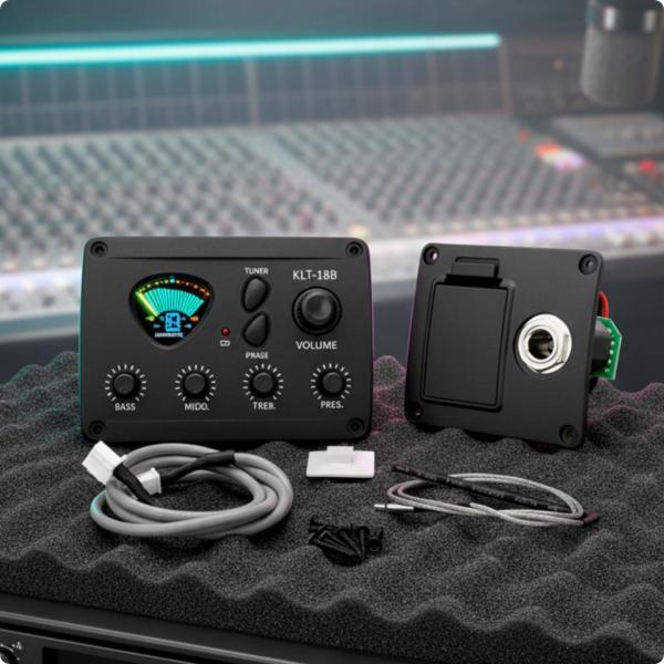 【製品概要】: ギターの音色を自在にコントロールできる、ブラックカラーの木製ギター用オンプリアンプユニットです。【主な機能】: 低音から高音まで細かく調整可能な4バンド音声調整装置を搭載し、演奏環境に合わせた音作りをサポートします。【特徴的...