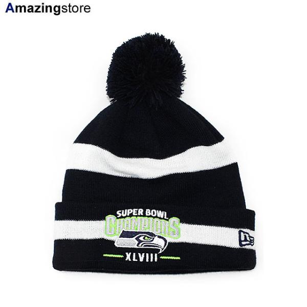【海外正規店並行輸入商品】 ワンサイズの為男性(メンズ)、女性(レディース)問わず着用出来るアイテムです。ニューエラのニットビーニーキャップです。SUPER BOWL XLVIIIの覇者シアトル・シーホークスの記念モデルになります。ボーダー...