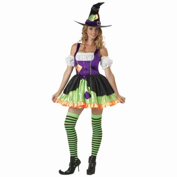 ■商品コード：ar00317黄緑とオレンジのスカートがとってもかわいい大人女性用の魔女のコスチュームです。肩がざっくり開いていてとってもセクシーなドレスです。ハロウィンやイベントで目立つこと間違い無し!含まれるものは、ドレス、帽子、靴下※靴...