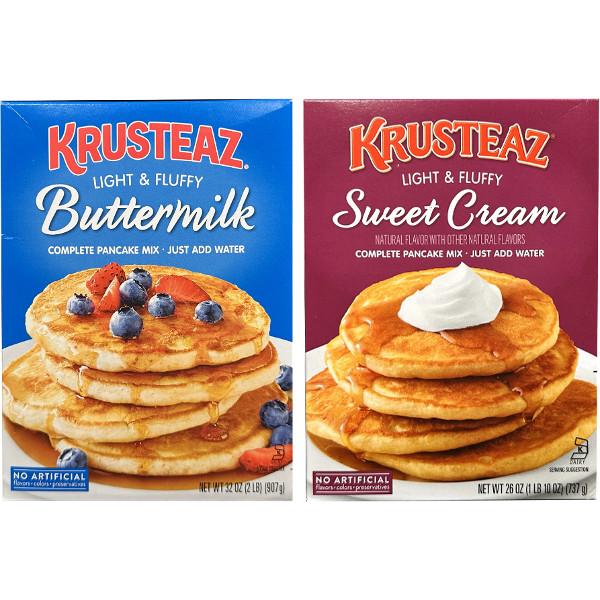 水を加えて焼くだけで軽くてふわふわのパンケーキの出来上がり。お気に入りのトッピングやミックスインでカスタマイズしても楽しめます！＊2種類からお好きな組合せをお選びください。【関連ワード】Kursteaz、クラスティーズ、パンケーキミックス、...