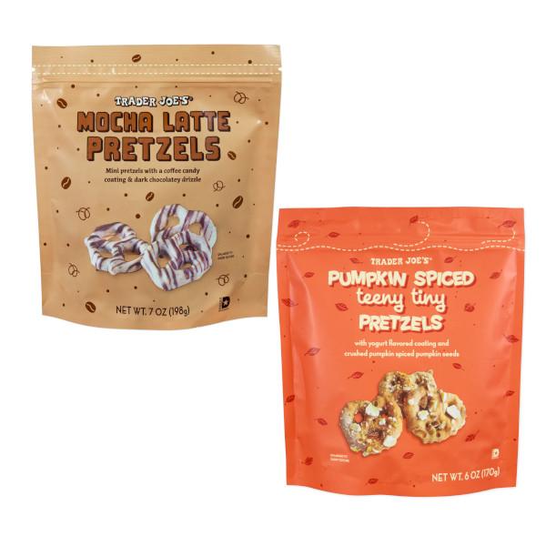 トレーダージョーズの秋冬限定スナック。モカラテプレッツェルと、パンプキンスパイスティニータイニープレッツェル