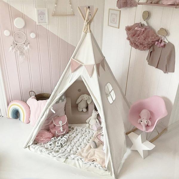 アメリカ発 Tiny Land Kids Teepee Tent Children Play Tent with Mat &amp; Carry Case for Indoor Outdoor, 5' Raw White Canvas Te...