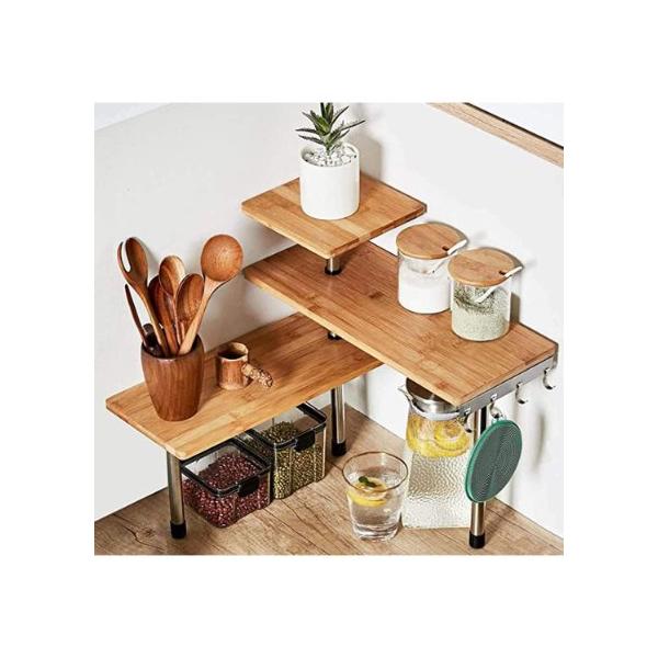 3段 キッチン 角 隙間収納 棚 フック 竹 スパイスラック brown使い方自由、ミニマルルックの収納シェルフで毎日の暮らしをおしゃれで快適に。HYNAWIN 3 Tier Corner Shelf Bamboo &amp; Metal ...