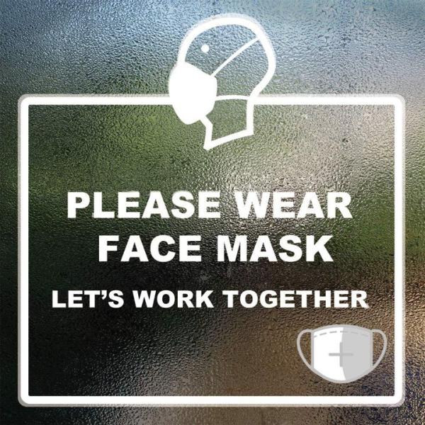 マスク着用のお願い サインステッカー 2枚パック EVQ 25x25センチ クリア/ホワイト・2枚パック・マスク着用のお願い・みんなで協力しよう (PLEASE WEAR FACE MASK/LET'S WORK TOGETHER) のメッ...